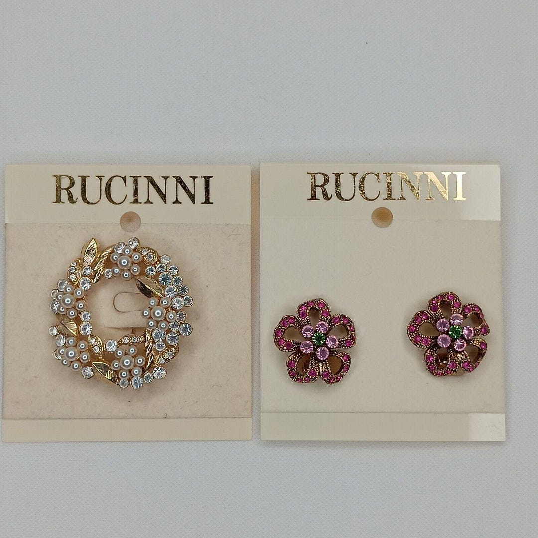 Vintage Rucinni Rhinestone Faux Pearl Brooch Pink Rhinestone Clip on ...