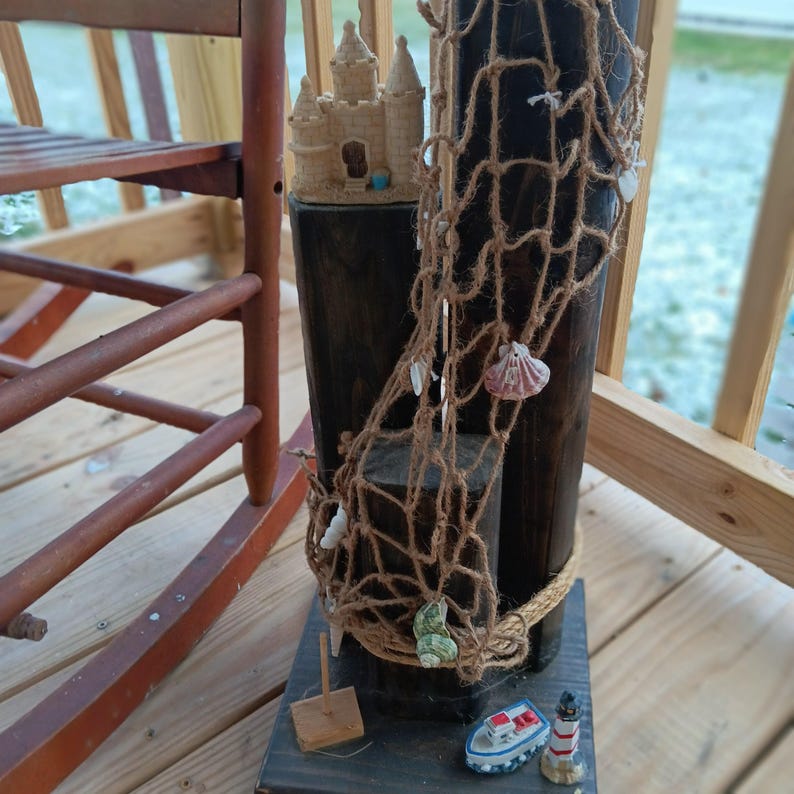 Beach Themed Handcrafted Wood Post Solar Light Shell, Rope, and Beach ...