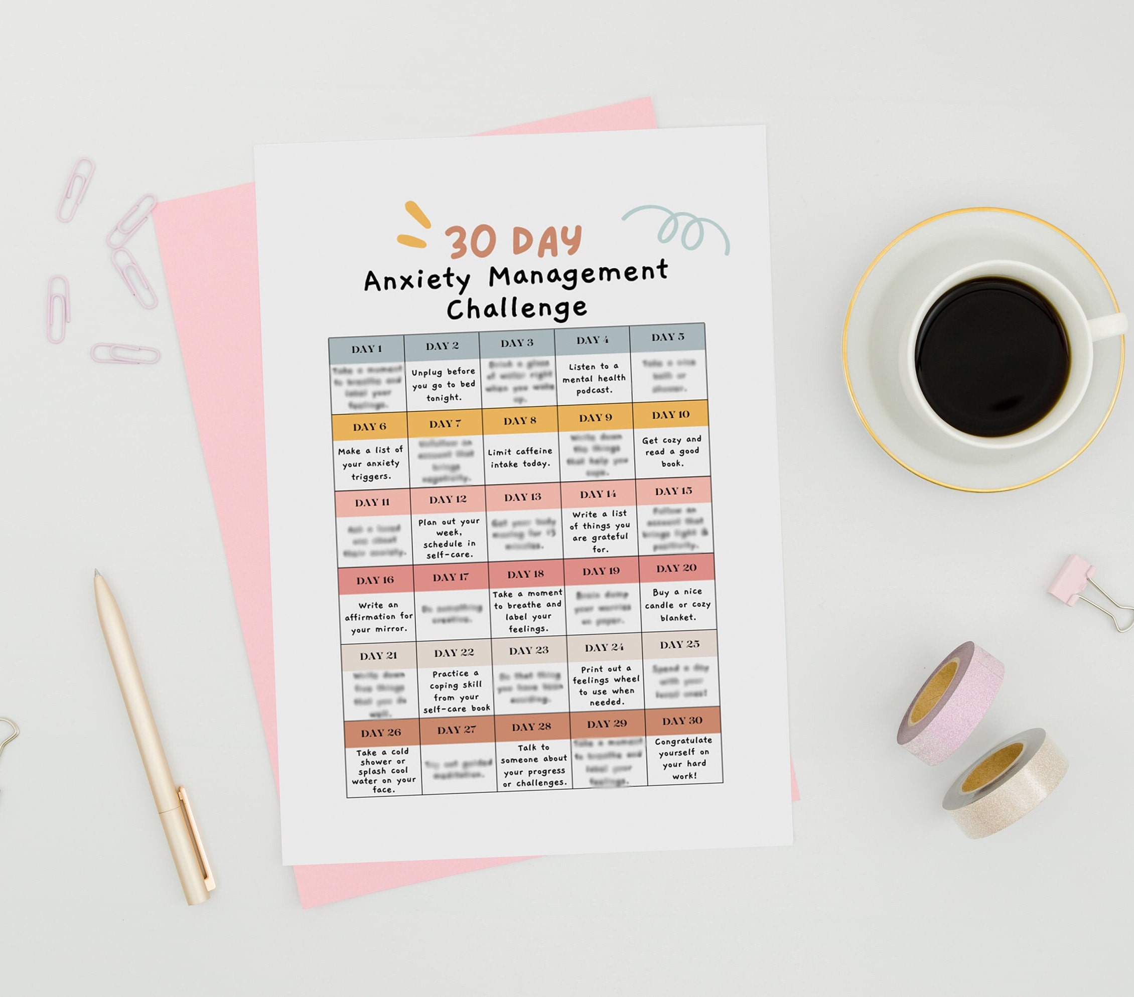 Printable 30-day Anxiety Management Challenge - Mental Health Calendar ...