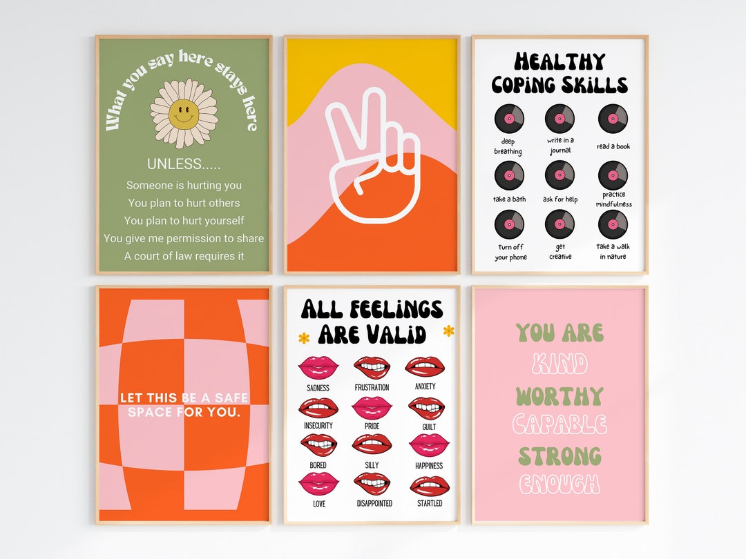 Therapy Office Wall Art Set: Retro Groovy Digital Prints for Counselors ...