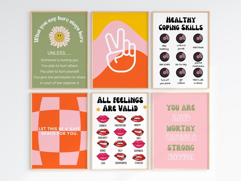 Vintage Retro Therapist Office Wall Art Set of 6 | Therapy Posters ...