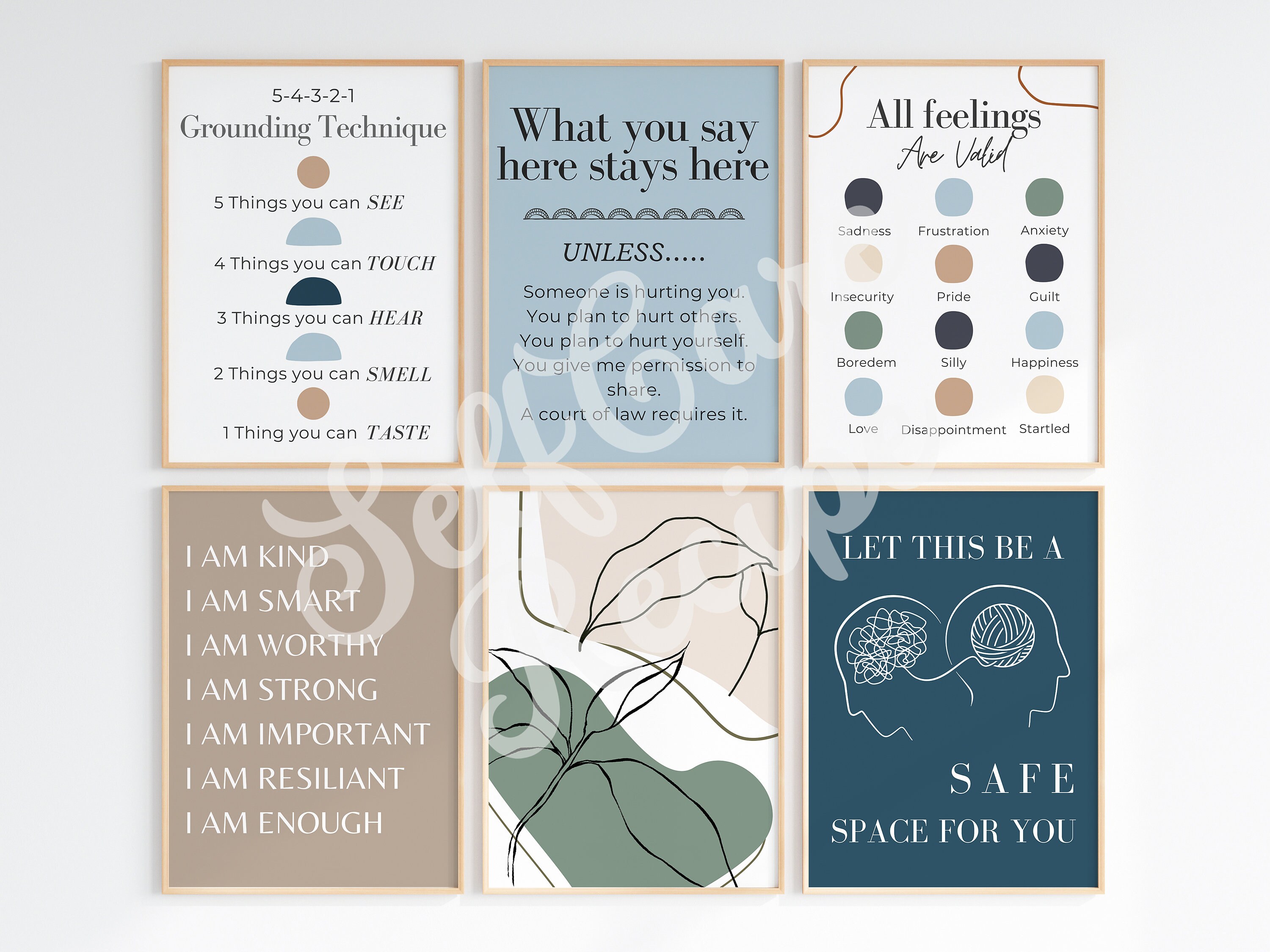 Neutral Boho Therapist Office Wall Art Set of 6 | Therapy Posters ...