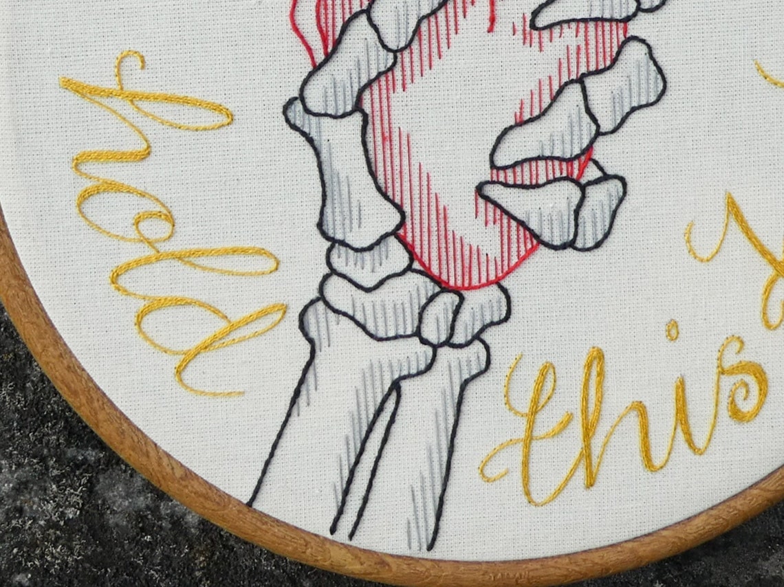 Hand Embroidery PDF Pattern, Skeleton Hand and Anatomical Heart Design ...