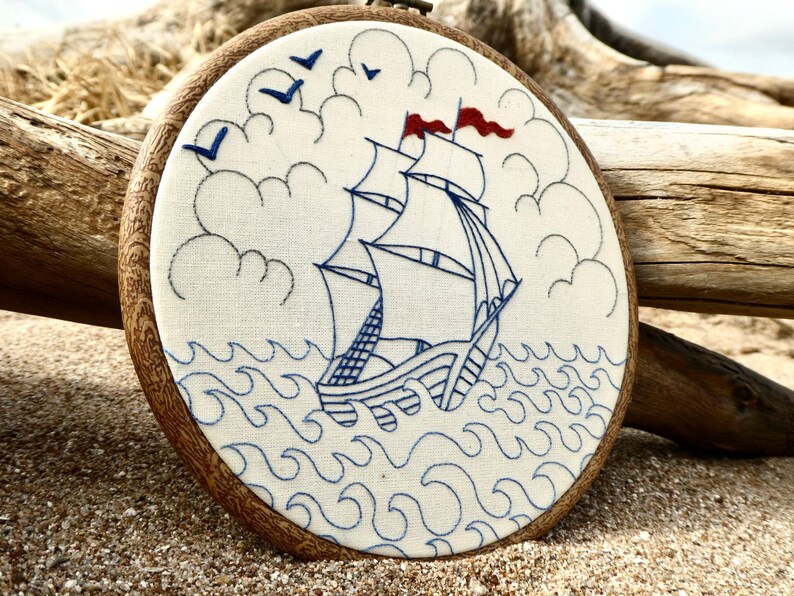 Ship at Sea, Nautical Hand Embroidery PDF Pattern, DIY Embroidery ...
