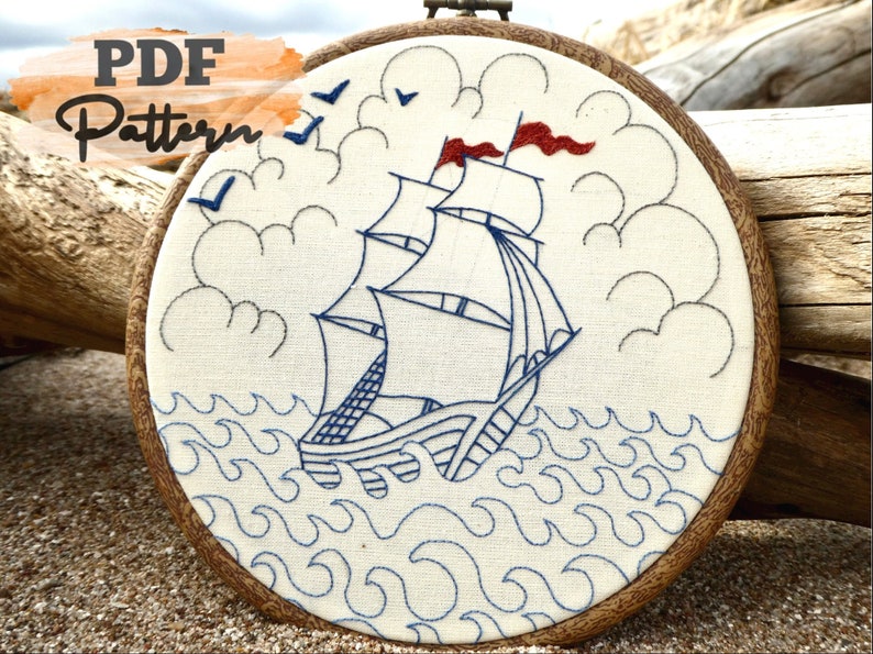 Ship at Sea, Nautical Hand Embroidery PDF Pattern, DIY Embroidery ...