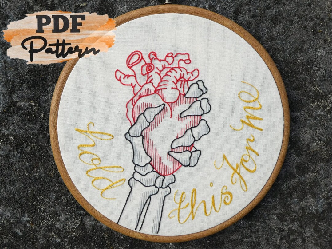 Hand Embroidery PDF Pattern, Skeleton Hand and Anatomical Heart Design ...