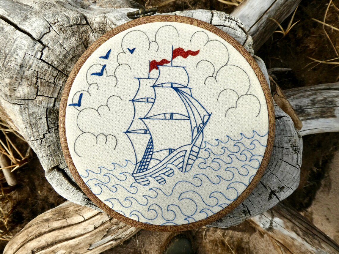 Ship at Sea, Nautical Hand Embroidery PDF Pattern, DIY Embroidery ...