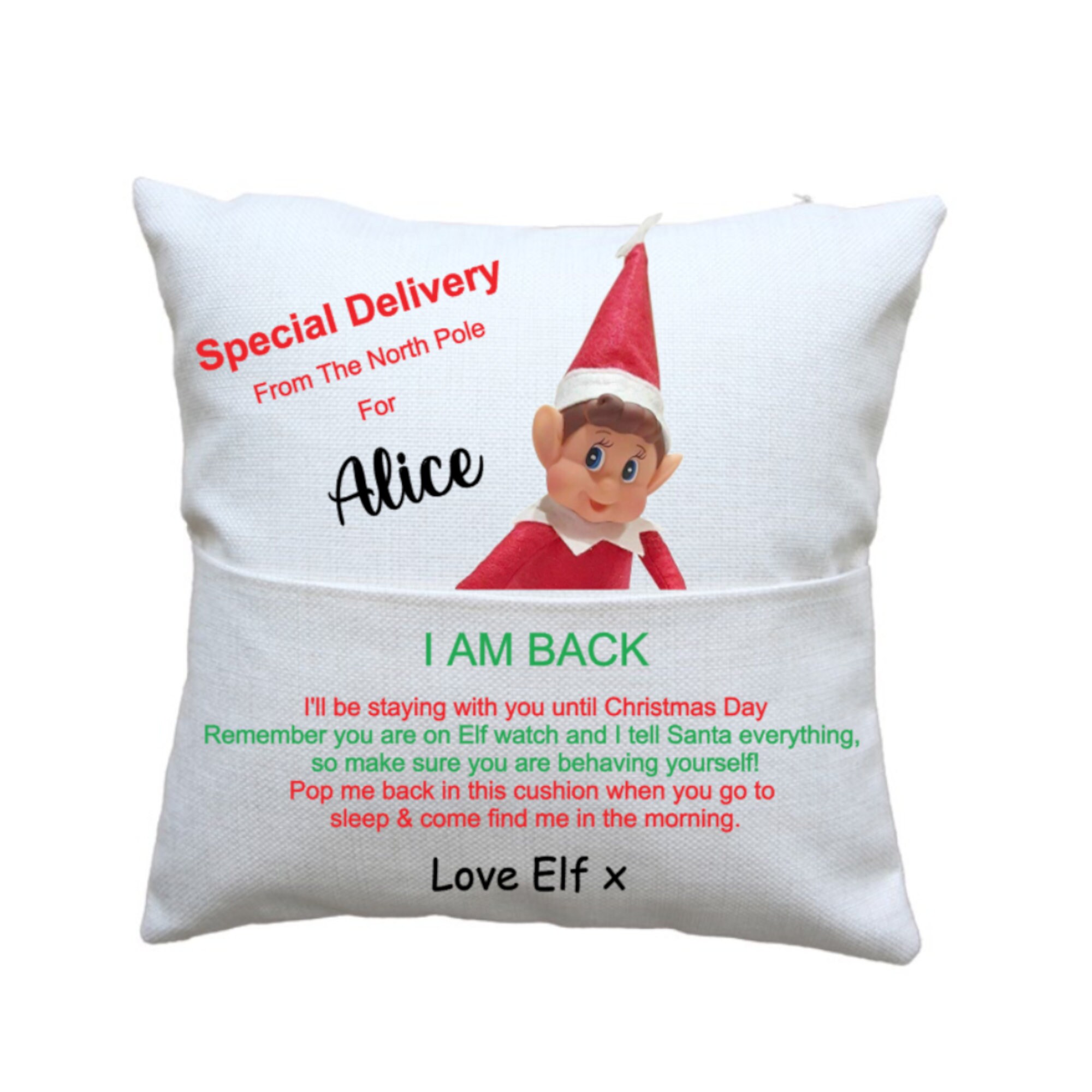 Personalised Elf Pocket Cushion Case/cover, 40x40 Cm, Christmas Elf ...