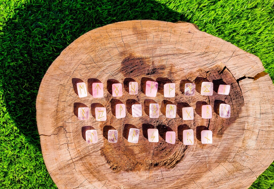 Rose Quartz Rune Stone Set, Elder Futhark, Norse Pagan Divination - Etsy
