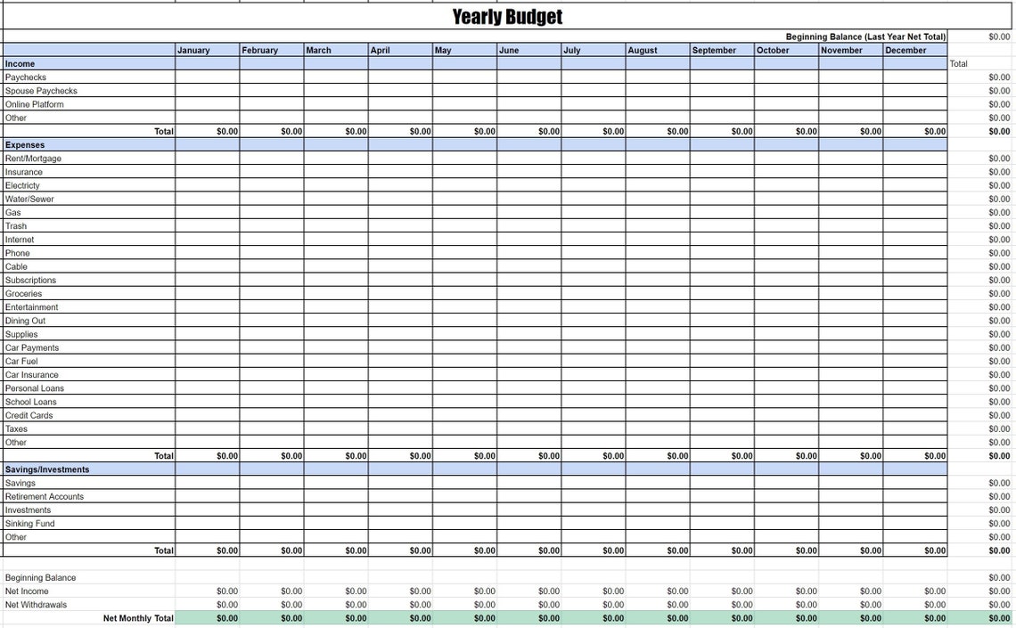 Yearly Budget, Annual Template, Monthly Spreadsheet, Budget Tracker ...