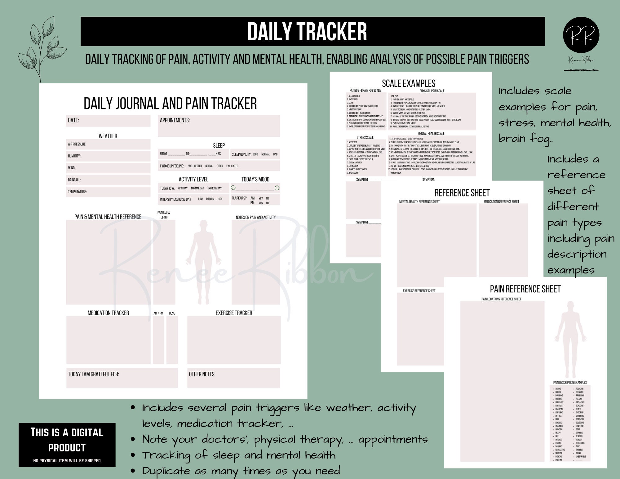 Daily & Monthly Pain, Mental Health and Activity Tracker / Chronic ...