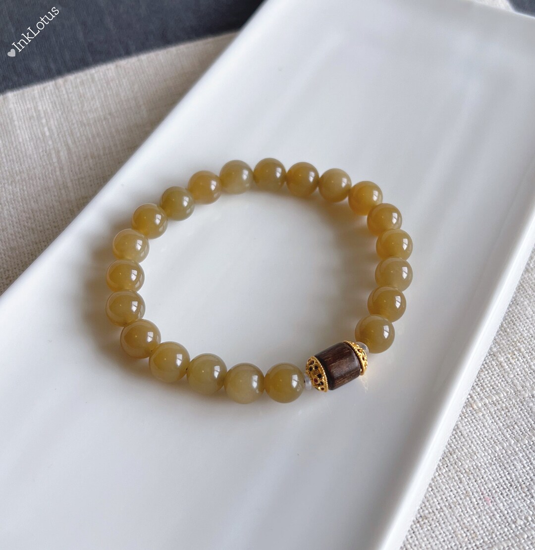 8mm Natural Brown Nephrite Jade Beads Bracelet S925 Agarwood Accent ...