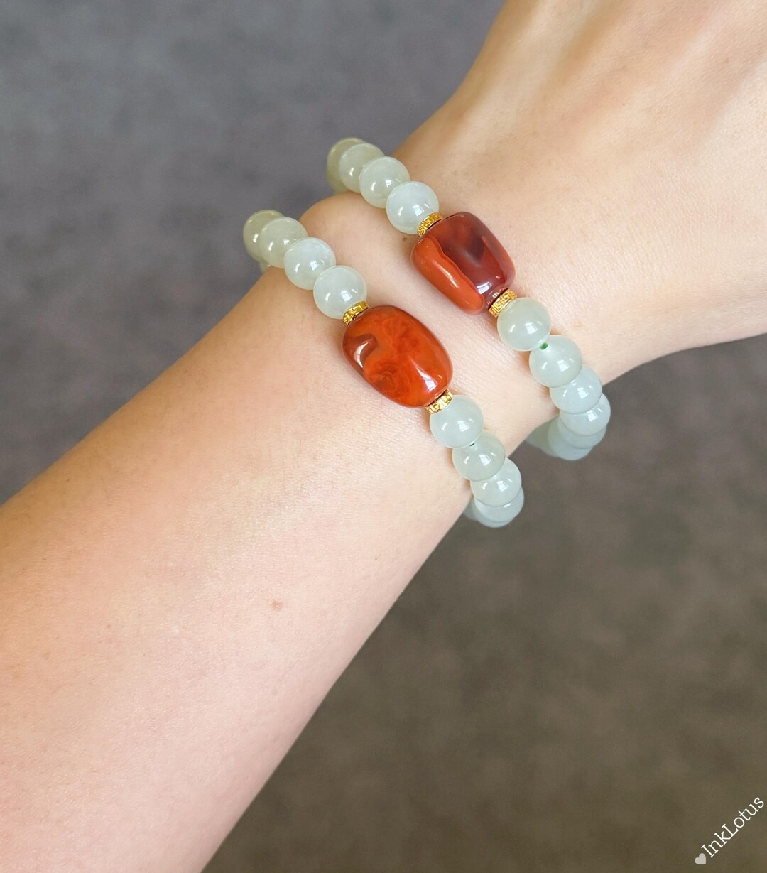 Nephrite Jade Bracelet: Green Jade Beads, Red Agate Accent, S925 Silver ...