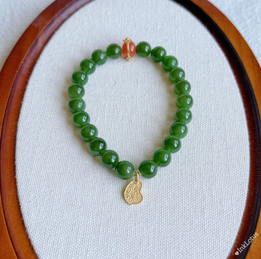 8mm Green Nephrite Jade Bracelet: S925 Red Agate Accent, Good Luck ...