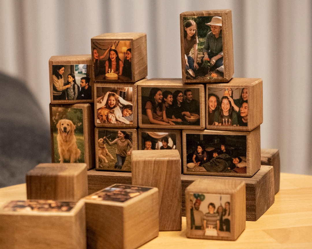 Custom Walnut Photo Cube Set | Modular Family Picture Puzzle ...