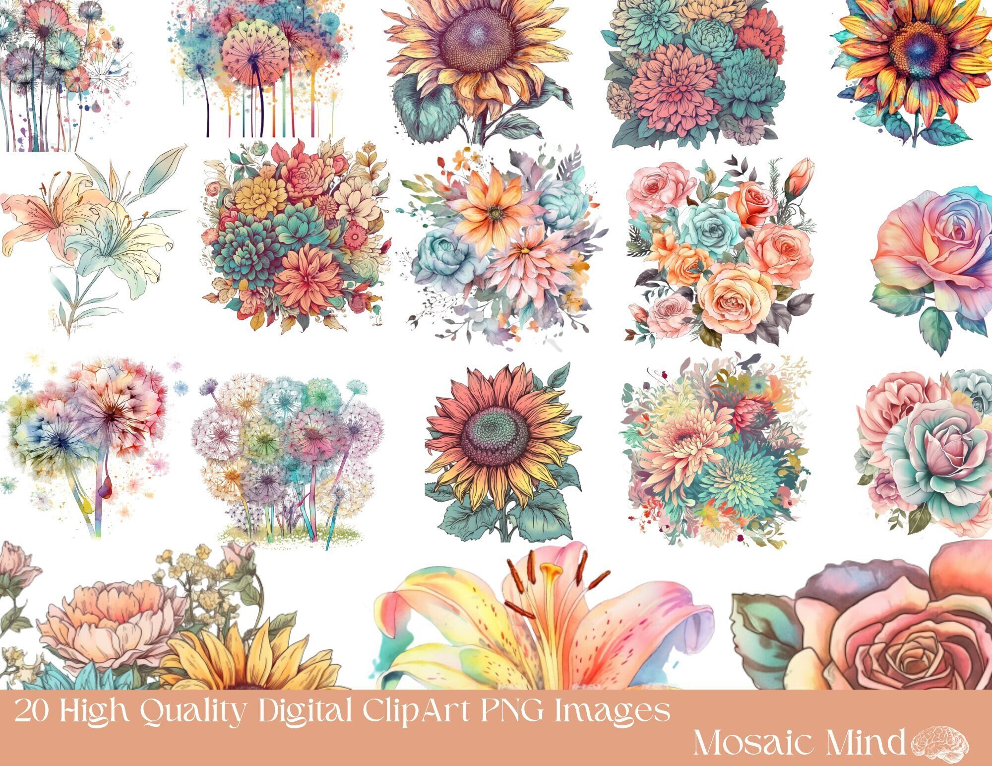 20-piece Floral PNG Clip Art Bundle: Blossoming Flower Collection for ...