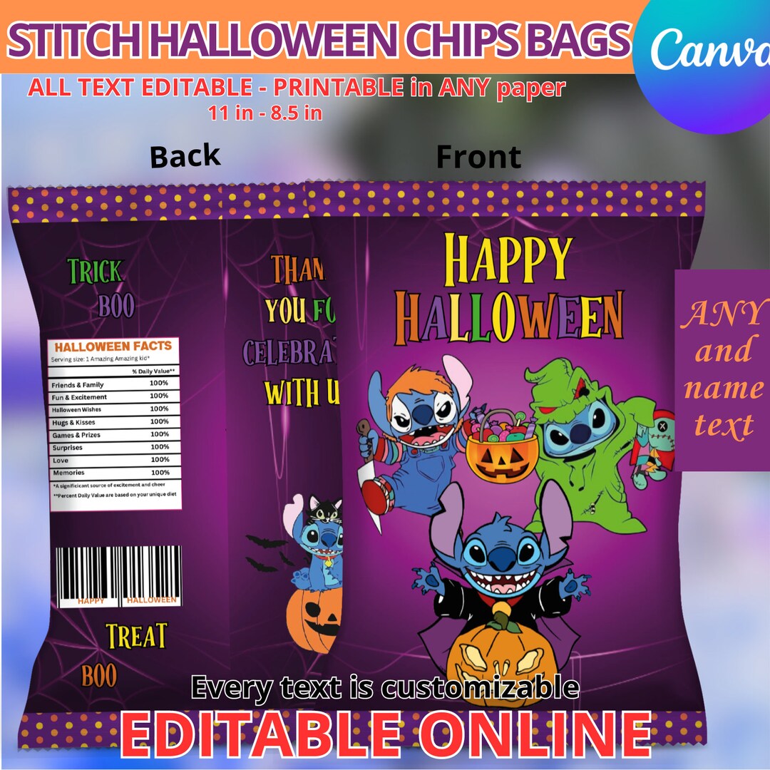 Stitch Halloween Chips Bags. Editable in CANVA - Etsy