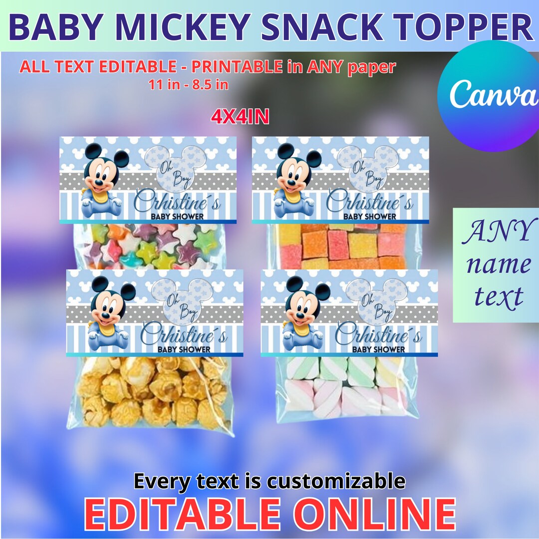 Mickey Mouse Baby Shower Snack Topper 4x4in. Editable in CANVA - Etsy