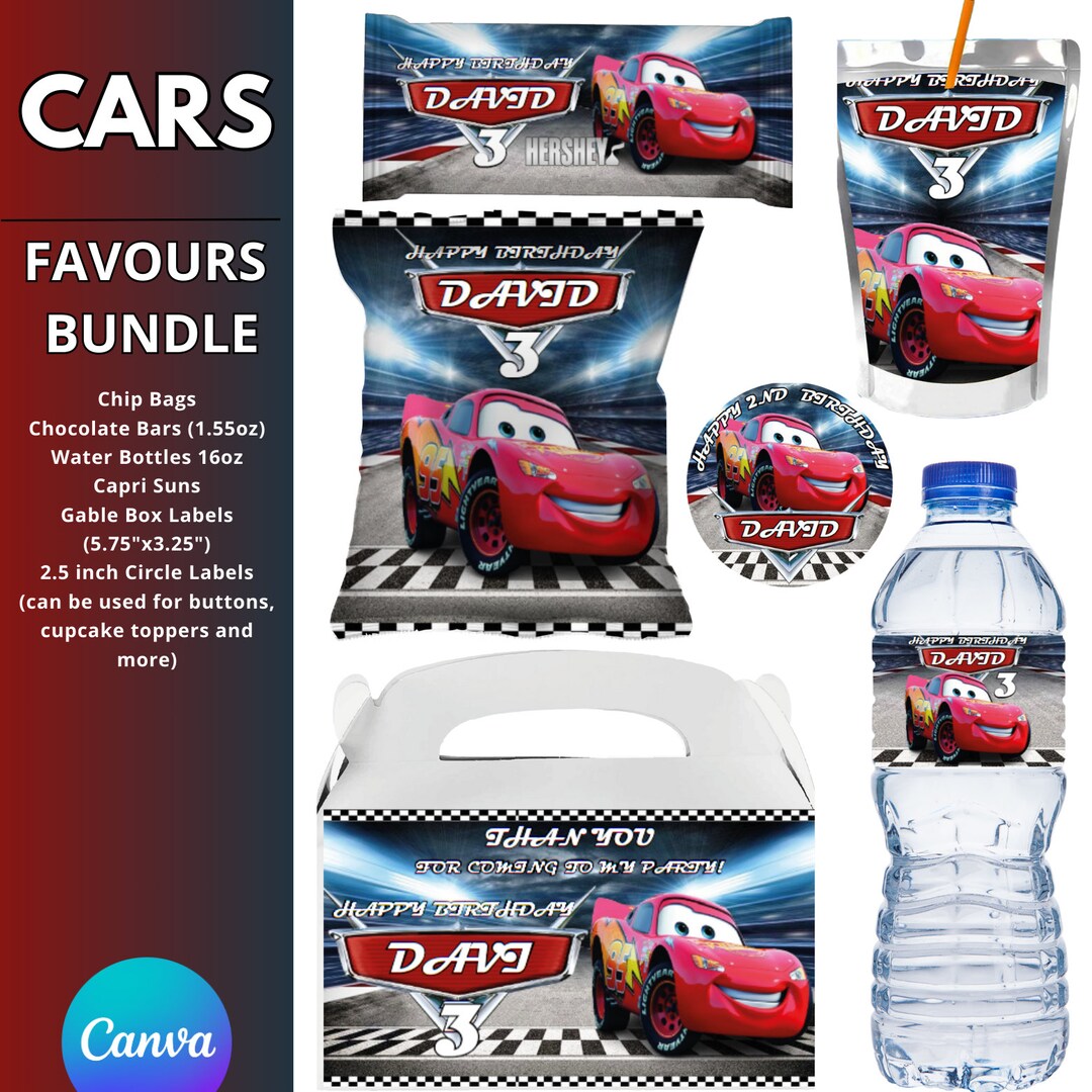 Cars 5 Party Pack Chip Bag candy bar Juice water and Gable box ...