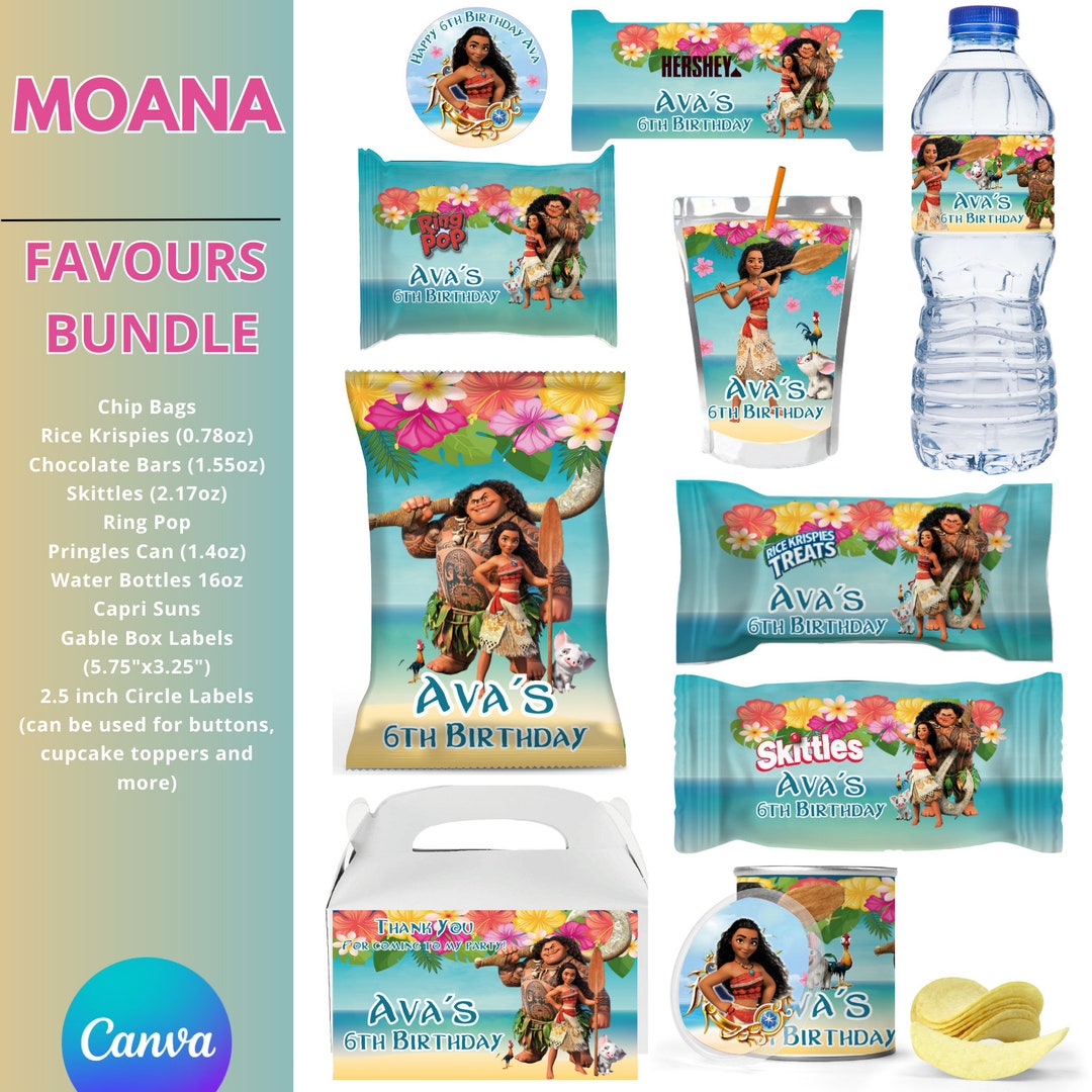 Moana 10 Party Pack Chip Bag Krispies Candy Juice Tags Water and More ...