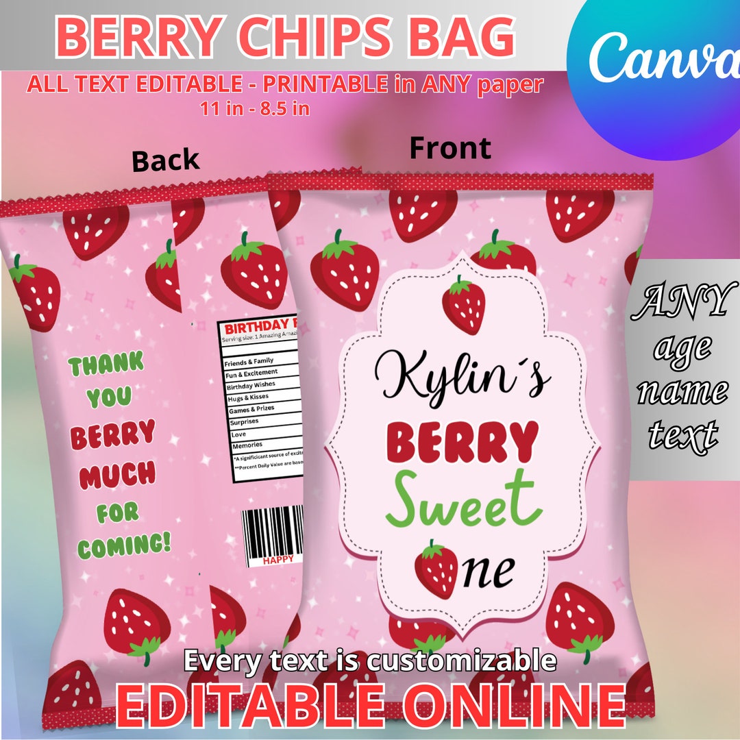 Berry First Birthday Chips Bags. EDITABLE IN CANVAS - Etsy