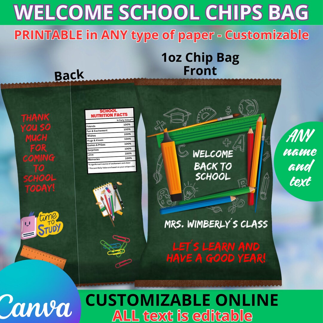 Welcome Back to School. Chip Bags. Editable in CANVA. - Etsy