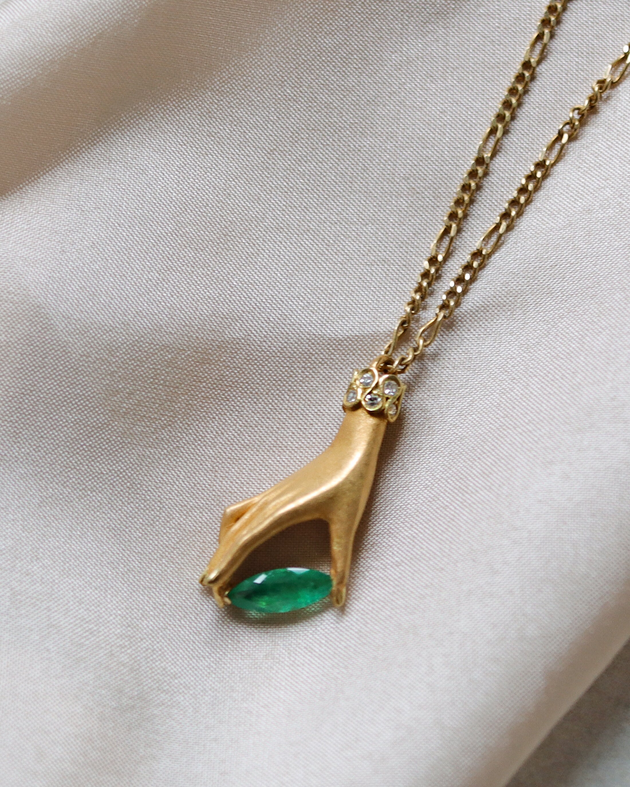 18ct Gold Carrera Y Carrera Emerald and Diamond Hand Pendant Necklace ...