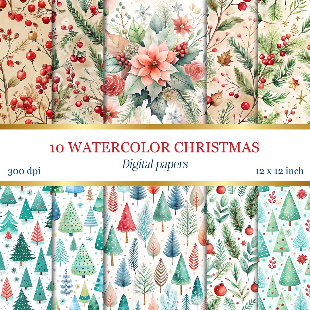 Printable Watercolor Christmas Digital Paper, Christmas Digital Pattern ...
