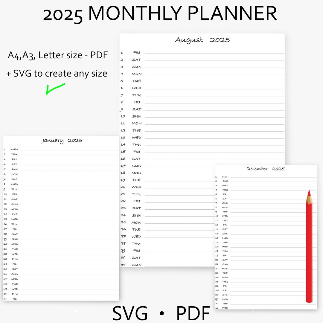 2025 Monthly Planner Printable, A4/a3/letter, PDF, SVG - Print Any Size ...