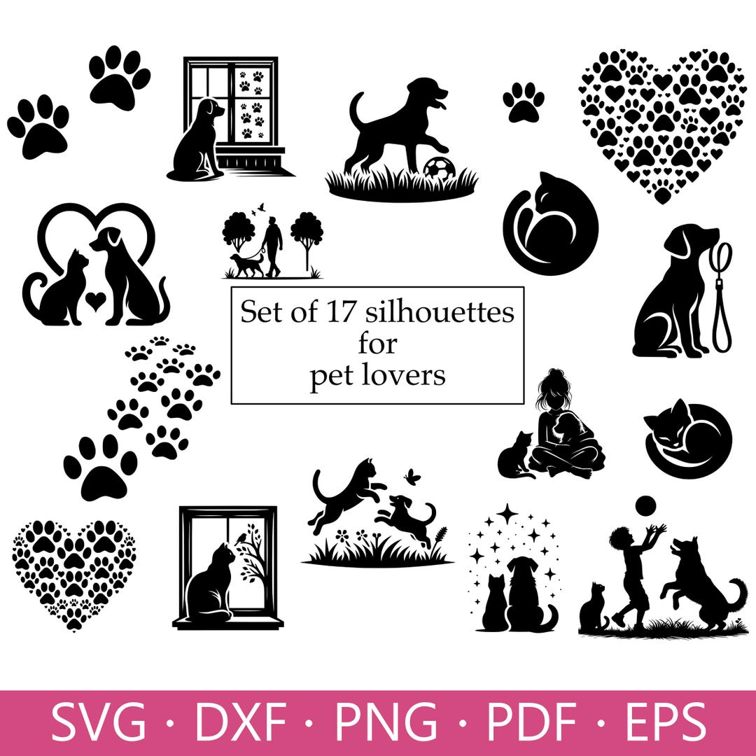 Pet Silhouettes SVG Bundle, Dog Lover SVG, Cat Lover SVG, Paw Svg, Png ...