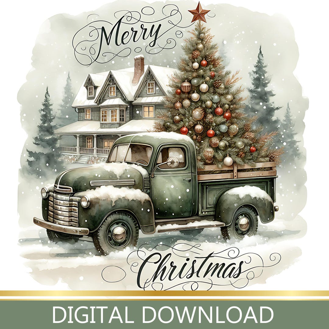 Christmas Truck Printable, Watercolor Vintage Retro Christmas Digital ...