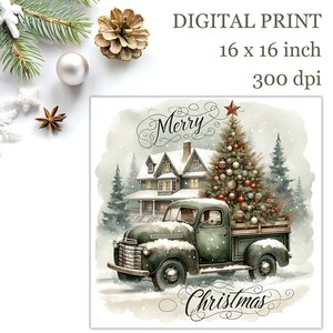Christmas Truck Printable, Watercolor Vintage Retro Christmas Digital ...
