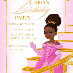 Pink Princess Birthday Party Invitation, Black Girl Party Invitation ...