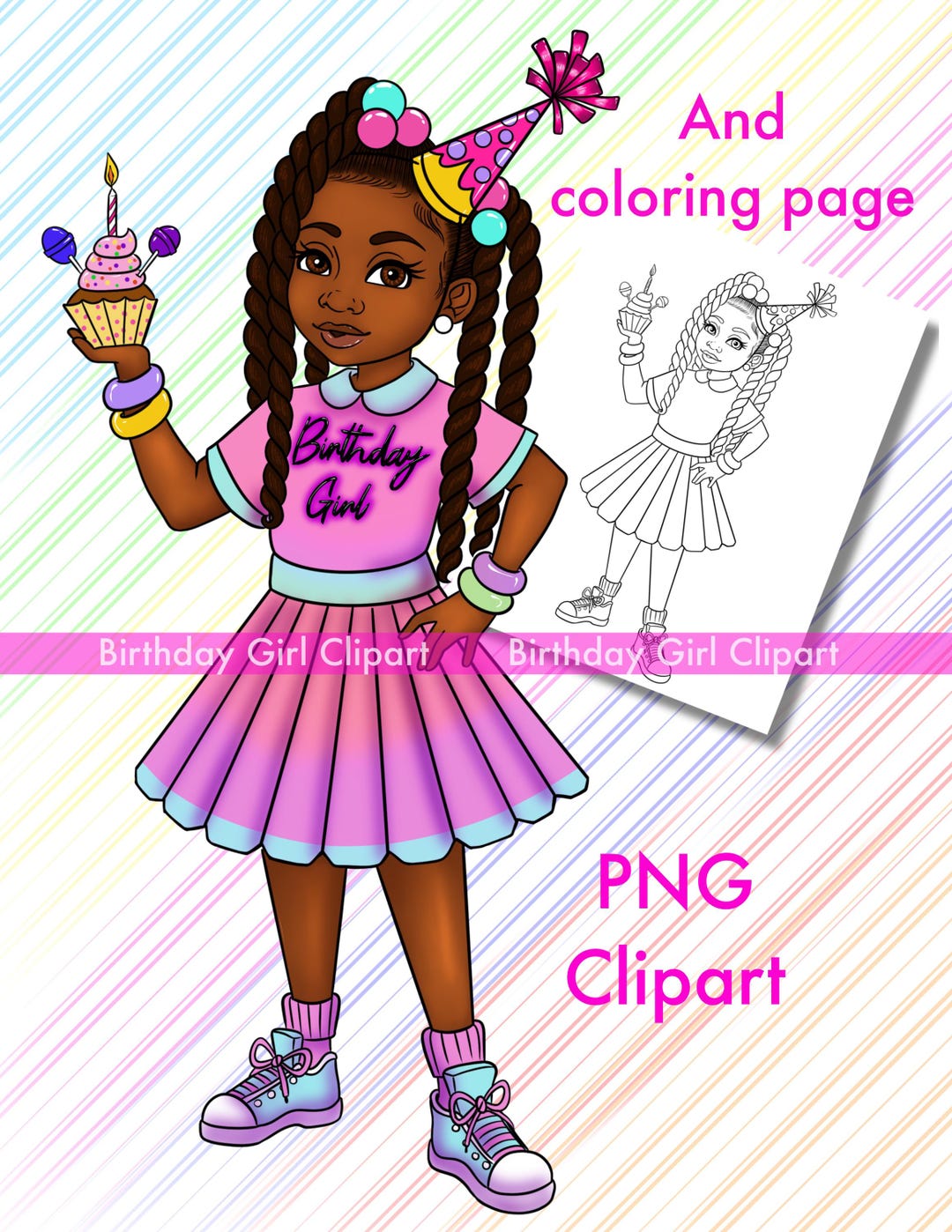 Coloring Page, Black Girl PNG, Birthday Clipart, Birthday Favor Clipart ...