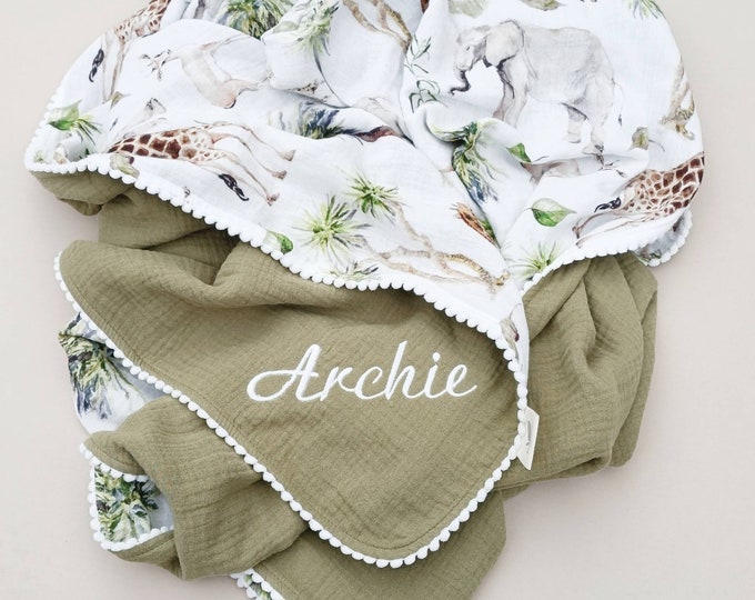 Personalised Safari Baby Blanket, Muslin Swaddle Blanket Gift Set for ...