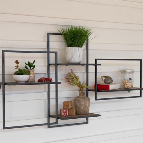 Multi Level Wood and Metal Wall Shelf - Etsy