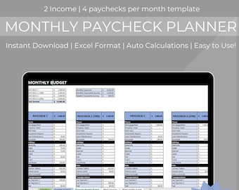 Excel Monthly Budget Planner | 2 Income 4 Paycheck Template | Expense ...