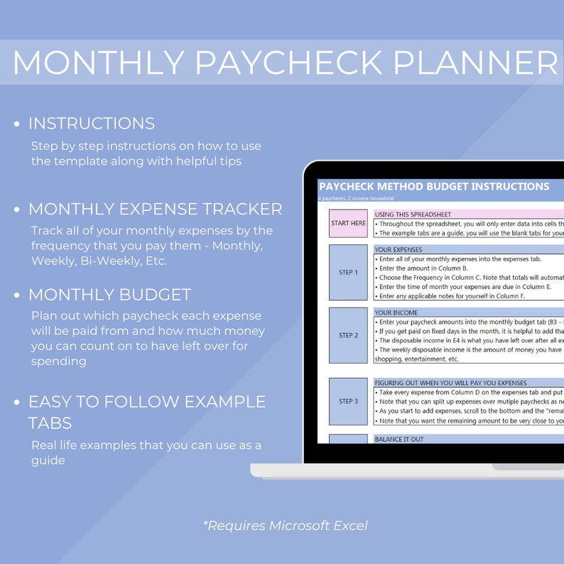 Excel Monthly Budget Planner | 2 Income 4 Paycheck Template | Expense ...