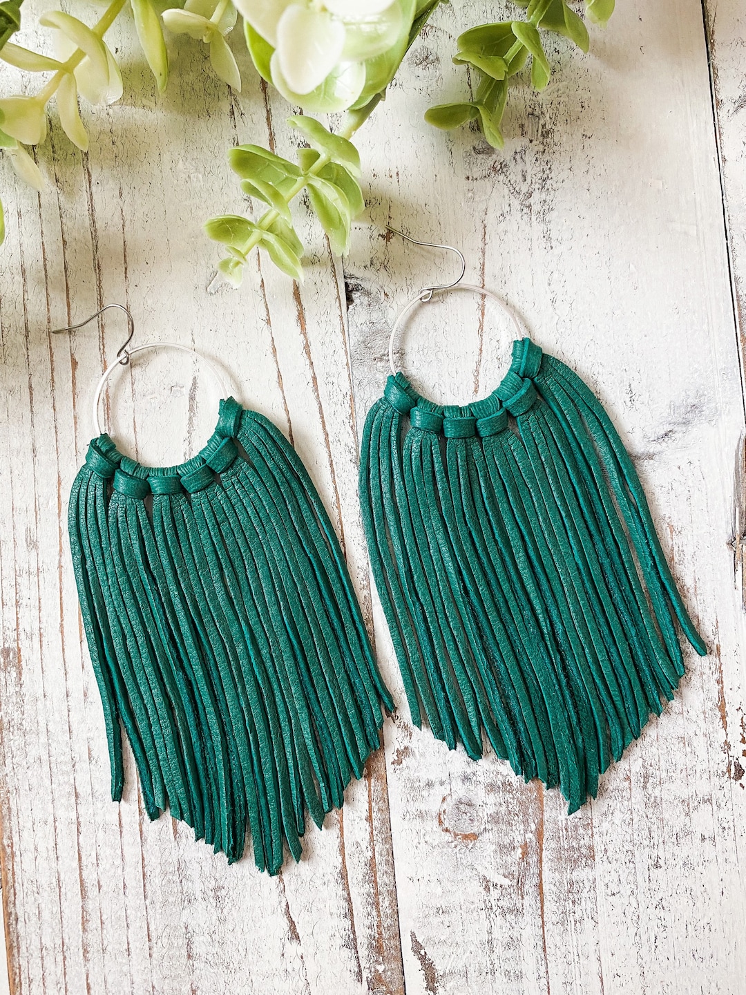 Green Leather Fringe Earrings, Fringe Leather Earrings, Hoop Fringe ...