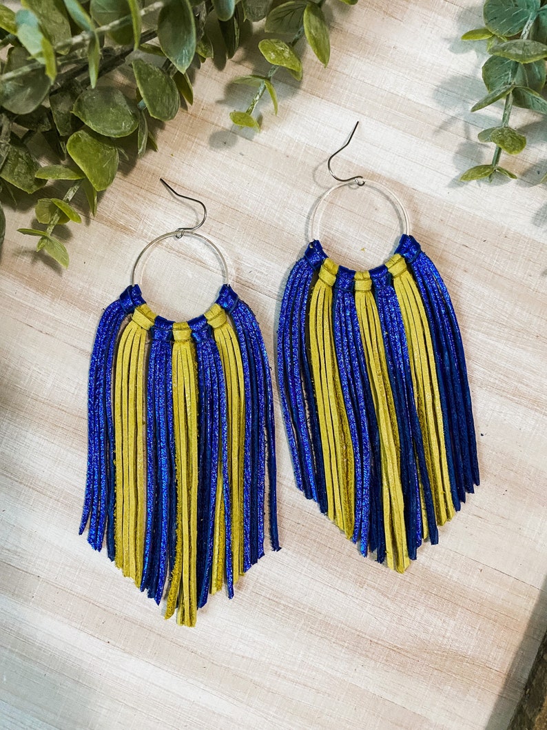Maize and Blue Leather Fringe Earrings Michigan Earrings - Etsy