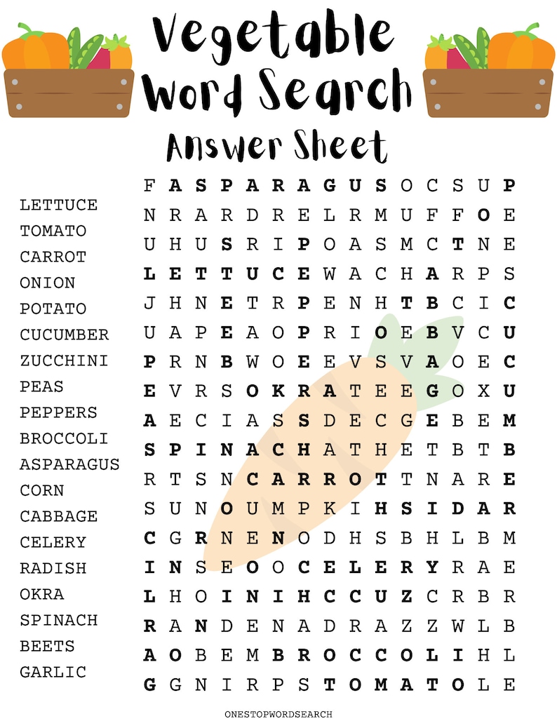 Vegetable Word Search Puzzle With Answer Sheet| Family Activities ...