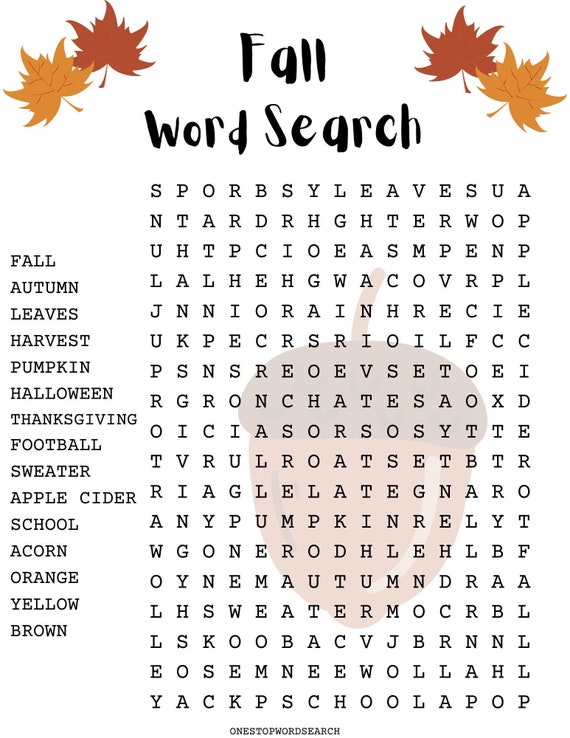 Fall Word Search Puzzle With Answer Sheet Autumn Word Search Etsy Finland