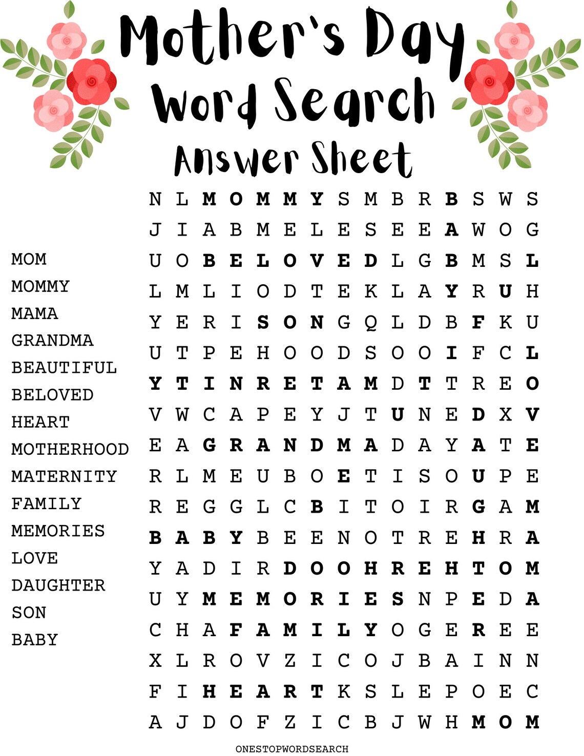 Mother's Day Word Search Puzzle With Answer Sheet| Holiday Games ...