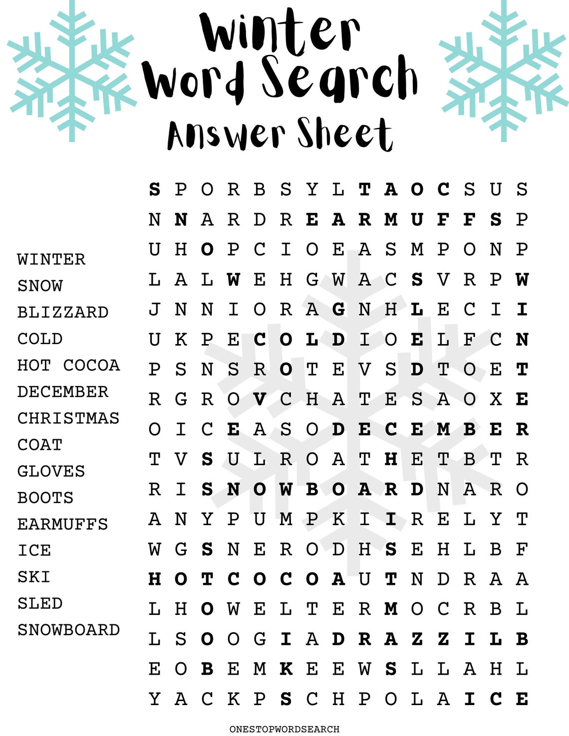 Winter Word Search Puzzle With Answer Sheet| Seasonal Puzzles| Family ...