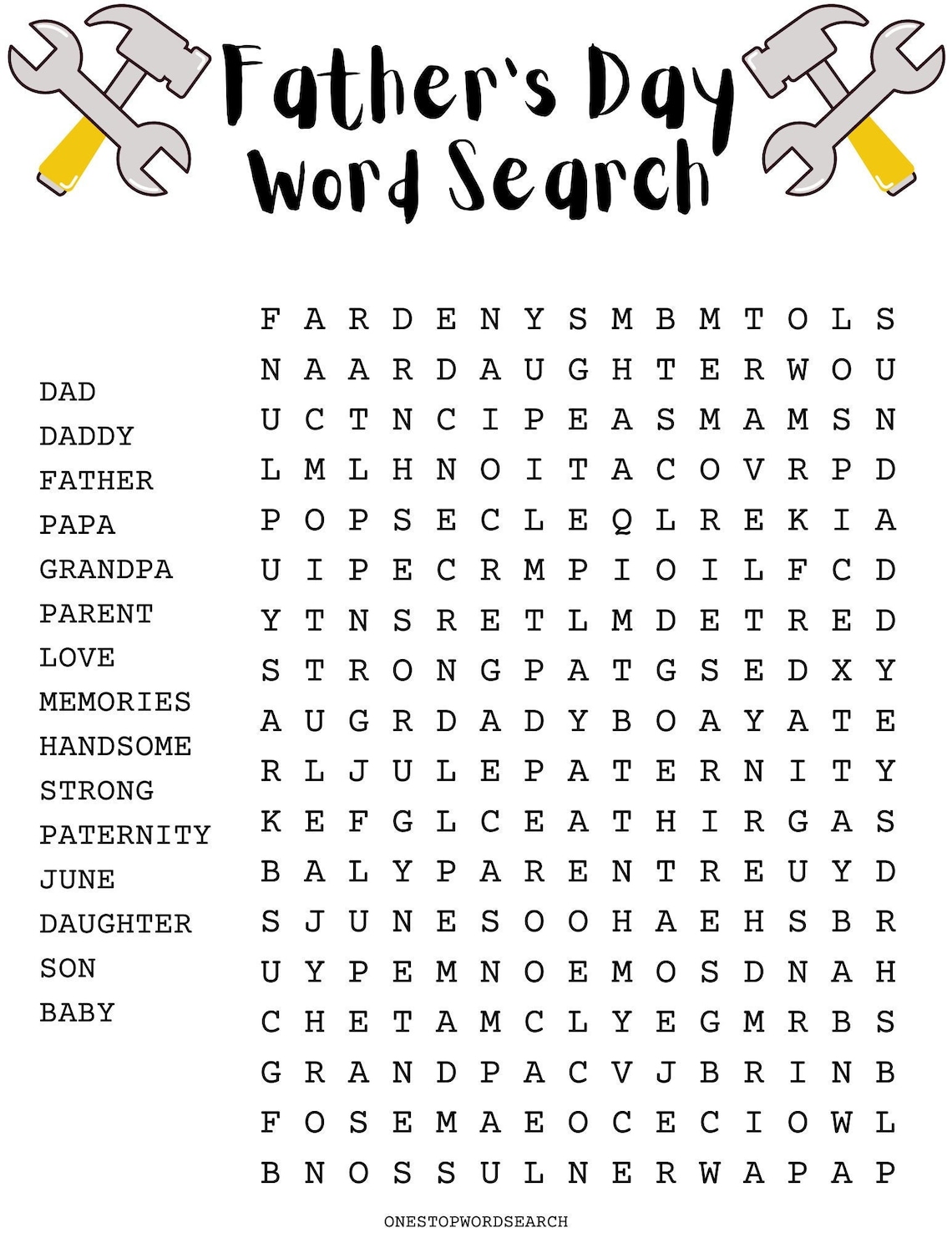 Father's Day Word Search Puzzle With Answer Sheet| Holiday Games ...