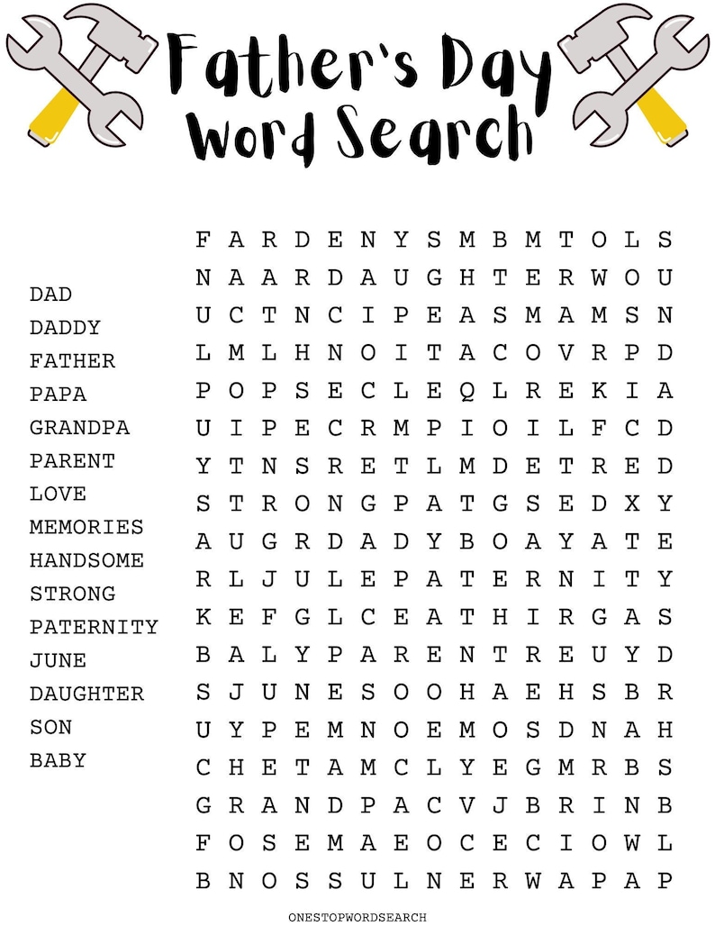 Father's Day Word Search Puzzle With Answer Sheet| Holiday Games ...