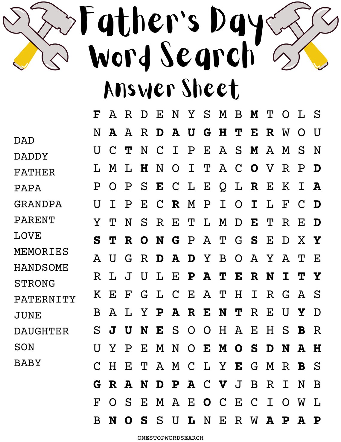 Father's Day Word Search Puzzle With Answer Sheet| Holiday Games ...