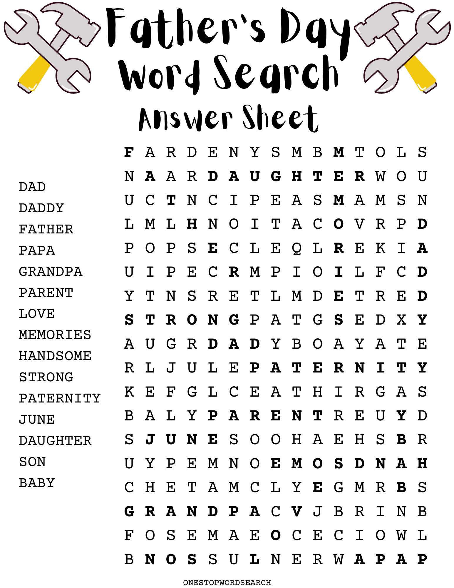 Father's Day Word Search Puzzle With Answer Sheet| Holiday Games ...