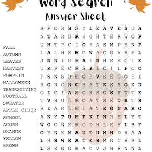 Fall Word Search Puzzle With Answer Sheet| Autumn Word Search Seasonal ...