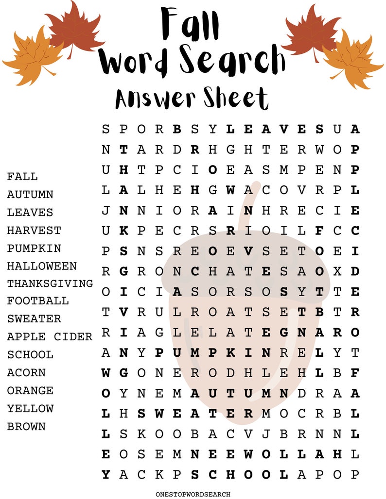 Fall Word Search Puzzle With Answer Sheet| Autumn Word Search Seasonal ...